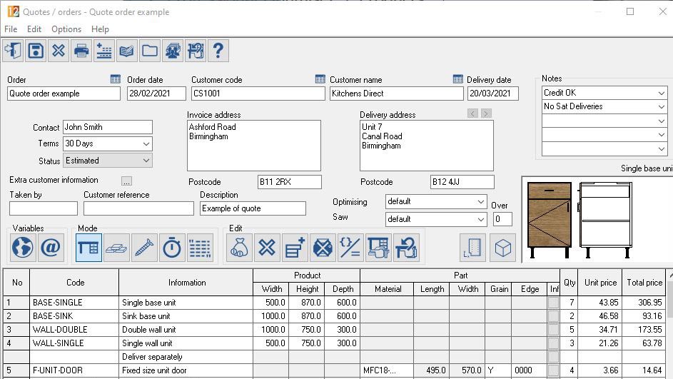 Cut Rite module: order processing and variable parts lists
